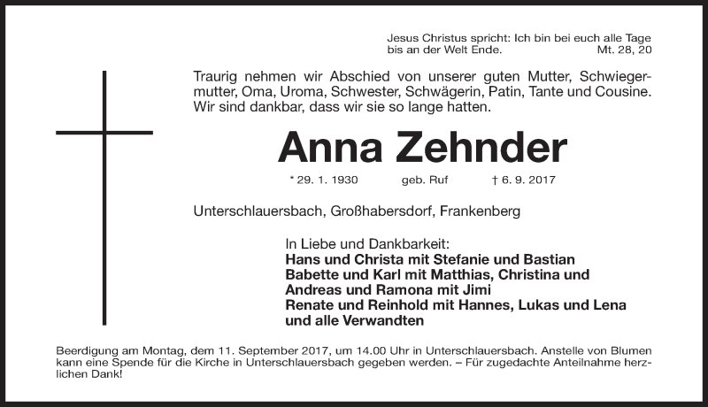 Traueranzeigen von Anna Zehnder | trauer.nn.de
