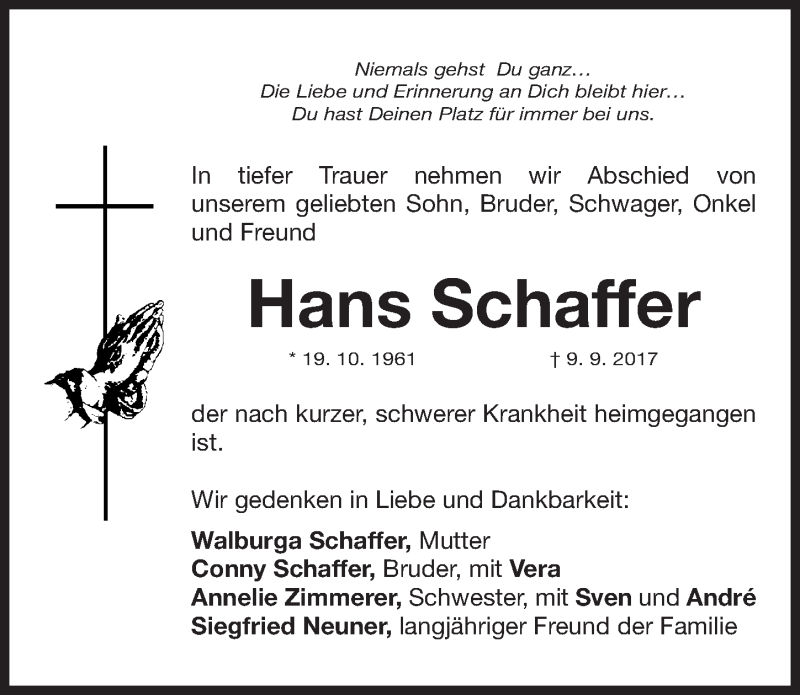 Traueranzeigen von Hans Schaffer | trauer.nn.de