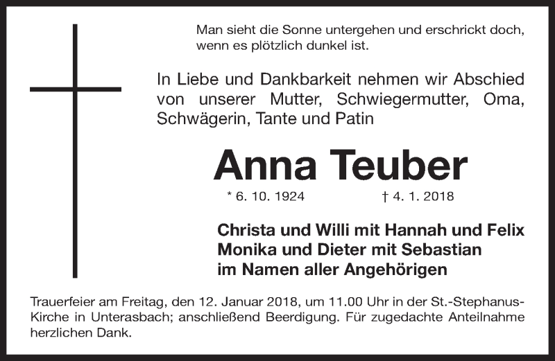 Traueranzeigen von Anna Teuber | trauer.nn.de