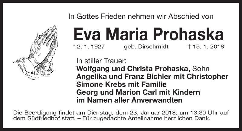 Traueranzeigen von Eva Maria Prohaska | trauer.nn.de