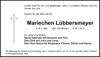 Traueranzeigen von Mariechen Lübbersmeyer | trauer.nn.de