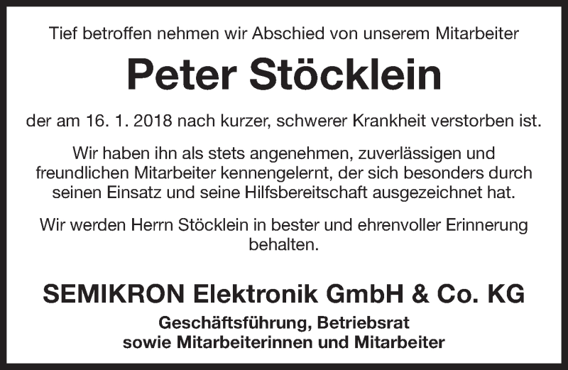 Traueranzeigen von Peter Stöcklein | trauer.nn.de
