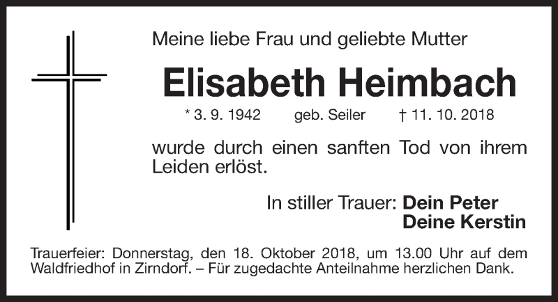 Traueranzeigen von Elisabeth Heimbach | trauer.nn.de
