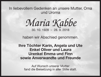 Traueranzeigen von Maria Kabbe | trauer.nn.de