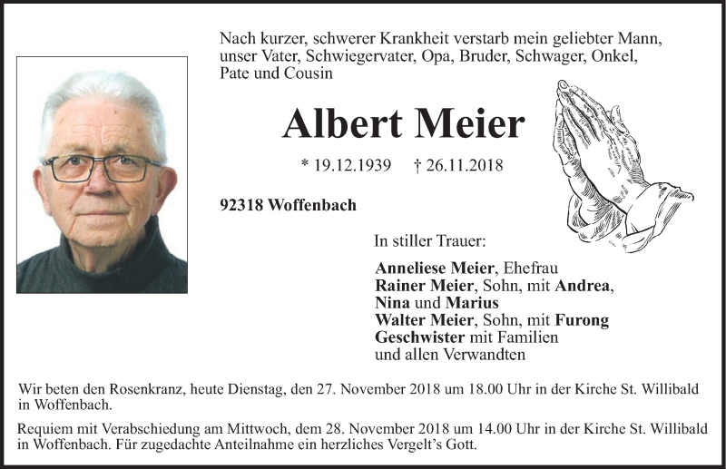 Traueranzeigen von Albert Meier | trauer.nn.de