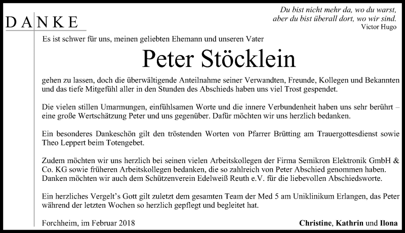 Traueranzeigen von Peter Stöcklein | trauer.nn.de