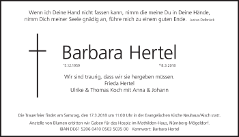 Traueranzeigen von Barbara Hertel | trauer.nn.de