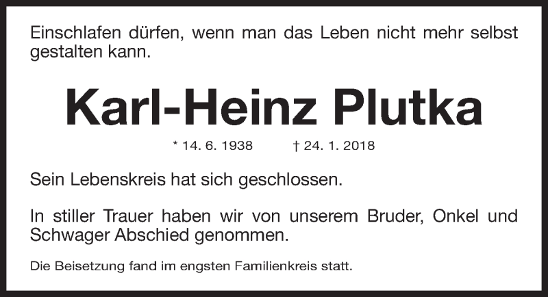 Traueranzeigen von Karl-Heinz Plutka | trauer.nn.de