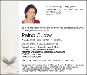 Traueranzeigen von Reina Curow | trauer.nn.de