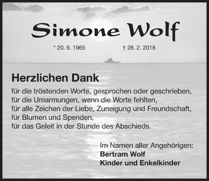 Traueranzeigen von Simone Wolf | trauer.nn.de
