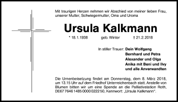 Traueranzeigen von Ursula Kalkmann | trauer.nn.de