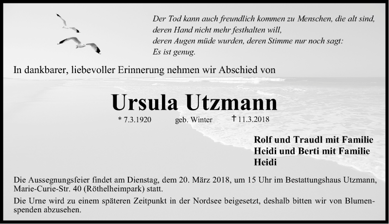 Traueranzeigen von Ursula Utzmann | trauer.nn.de