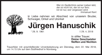 Traueranzeigen von Jürgen Hanuschik | trauer.nn.de