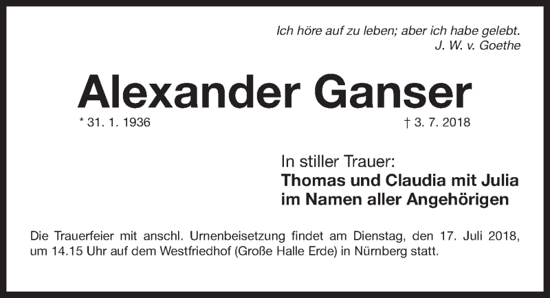 Traueranzeigen von Alexander Ganser | trauer.nn.de