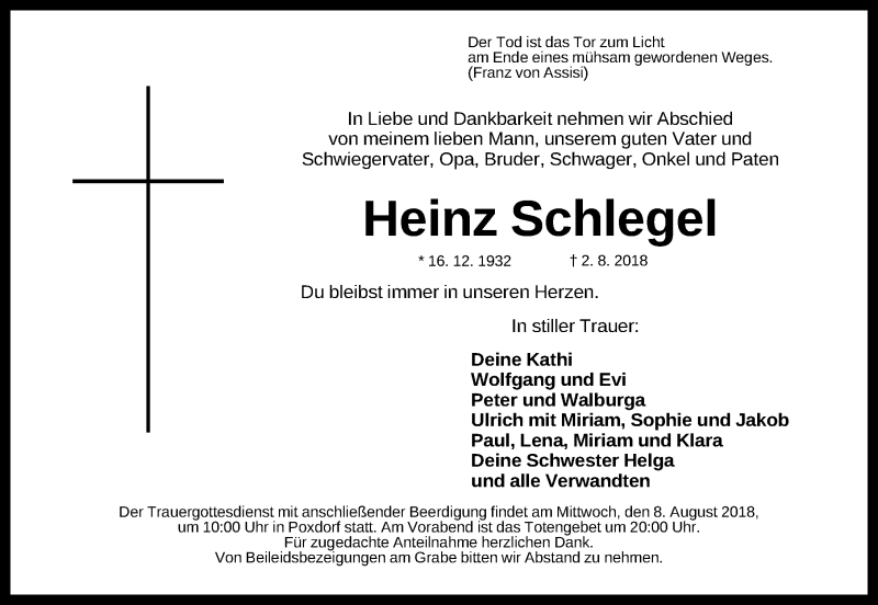 Traueranzeigen von Heinz Schlegel | trauer.nn.de