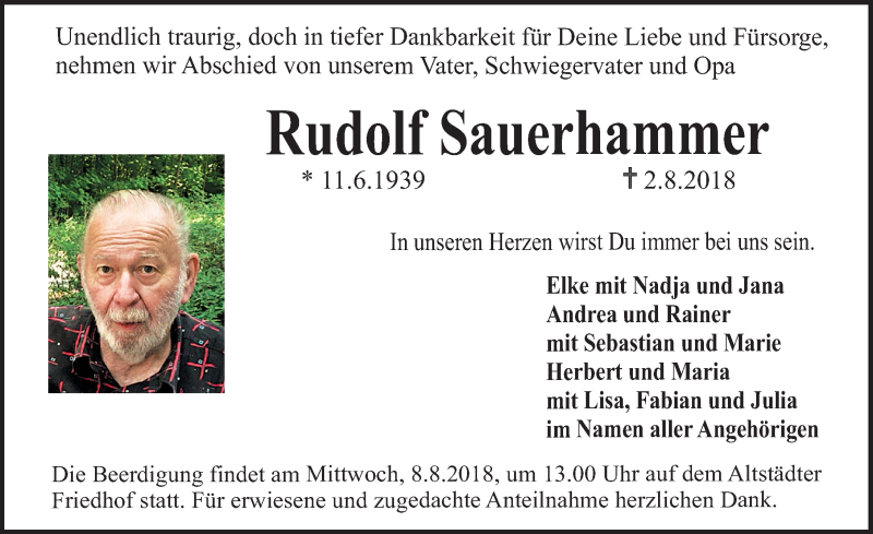 Traueranzeigen von Rudolf Sauerhammer | trauer.nn.de