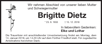 Traueranzeigen von Brigitte Dietz | trauer.nn.de