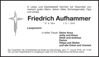 Traueranzeigen von Friedrich Aufhammer | trauer.nn.de