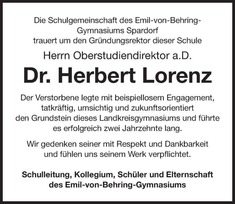 Traueranzeigen von Herbert Lorenz | trauer.nn.de