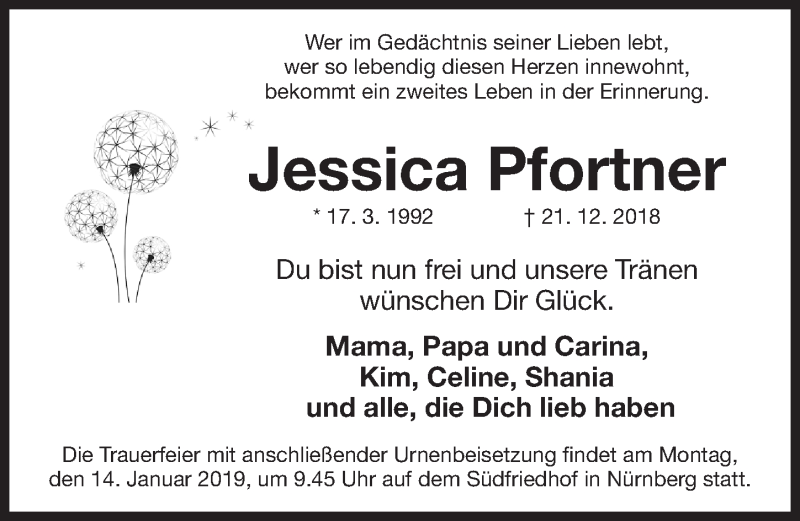 Traueranzeigen von Jessica Pfortner | trauer.nn.de