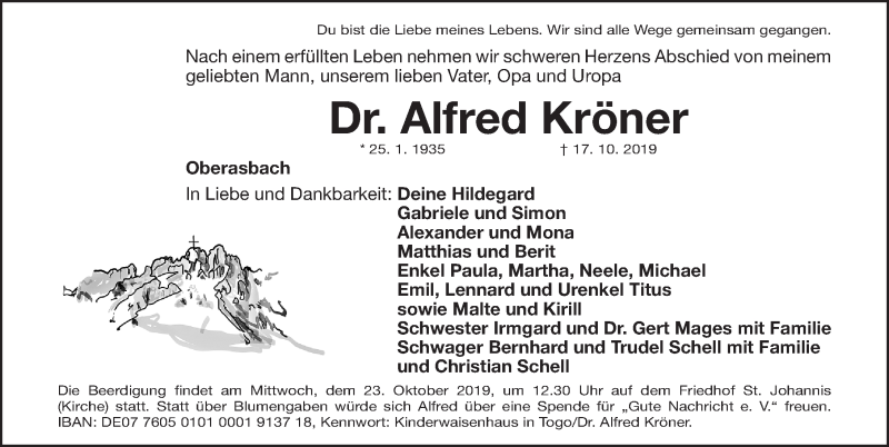 Traueranzeigen von Alfred Kröner | trauer.nn.de