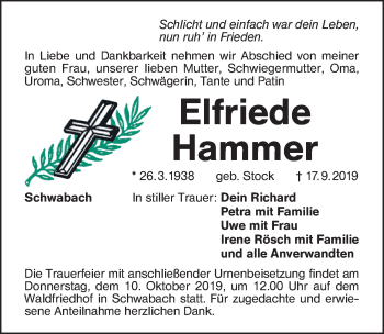 Traueranzeigen von Elfriede Hammer | trauer.nn.de