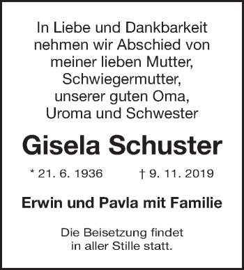 Traueranzeigen von Gisela Schuster | trauer.nn.de