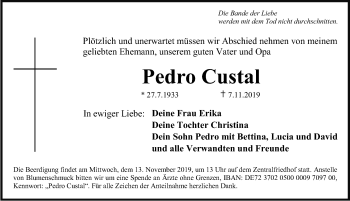 Traueranzeigen von Pedro Custal | trauer.nn.de