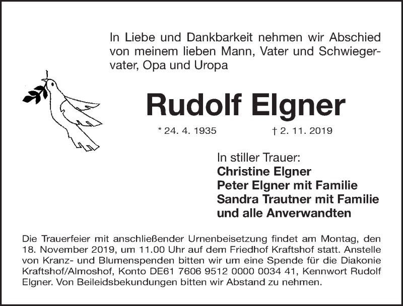 Traueranzeigen von Rudolf Elgner | trauer.nn.de