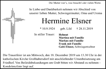 Traueranzeigen von Hermine Elsner | trauer.nn.de