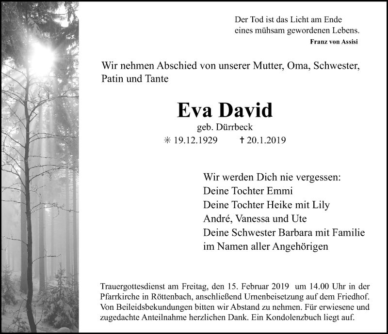 Traueranzeigen von Eva David | trauer.nn.de