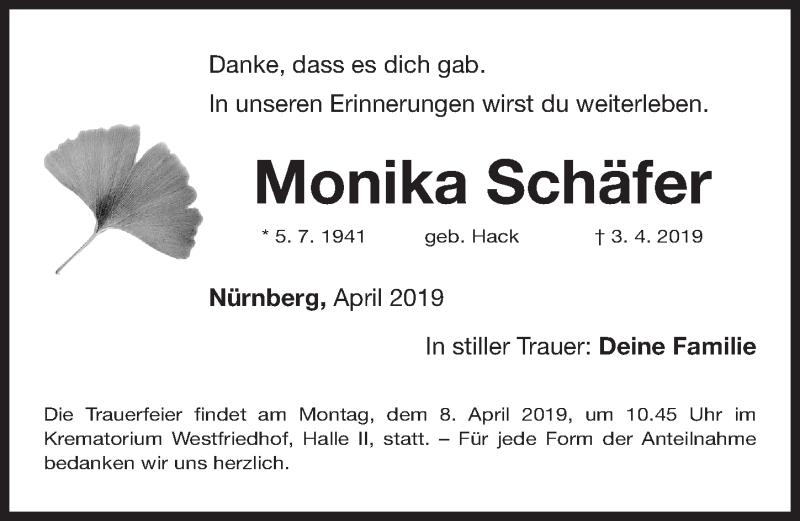 Traueranzeigen von Monika Schäfer | trauer.nn.de