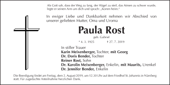 Traueranzeigen von Paula Rost | trauer.nn.de