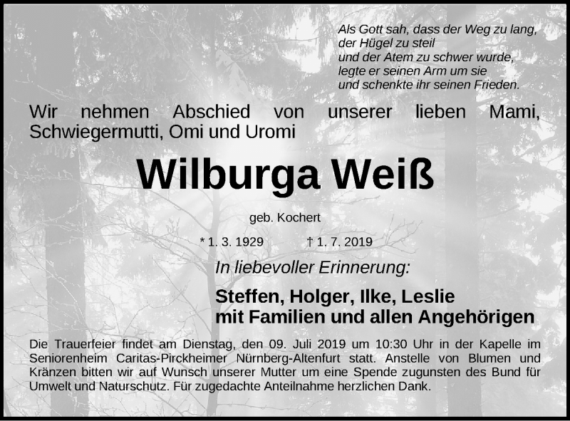 Traueranzeigen von Wilburga Weiß | trauer.nn.de