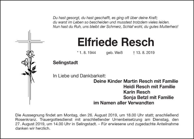 Traueranzeigen von Elfriede Resch | trauer.nn.de