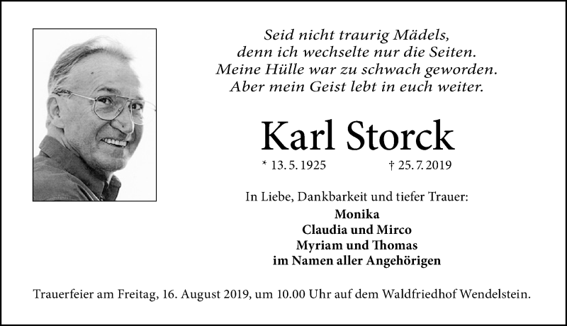 Traueranzeigen von Karl Storck | trauer.nn.de