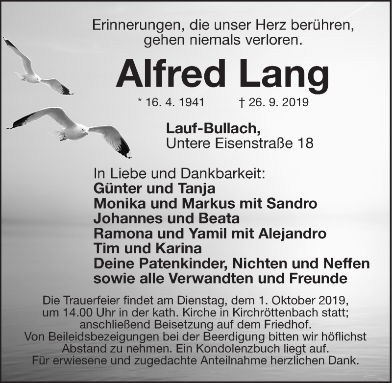 Traueranzeigen von Alfred Lang | trauer.nn.de