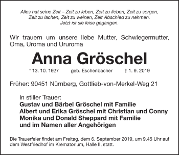 Traueranzeigen von Anna Gröschel | trauer.nn.de