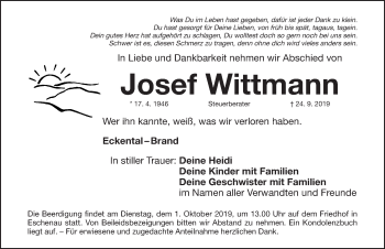 Traueranzeigen von Josef Wittmann | trauer.nn.de