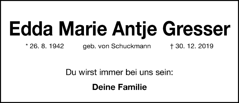 Traueranzeigen von Edda Marie Antje Gresser | trauer.nn.de
