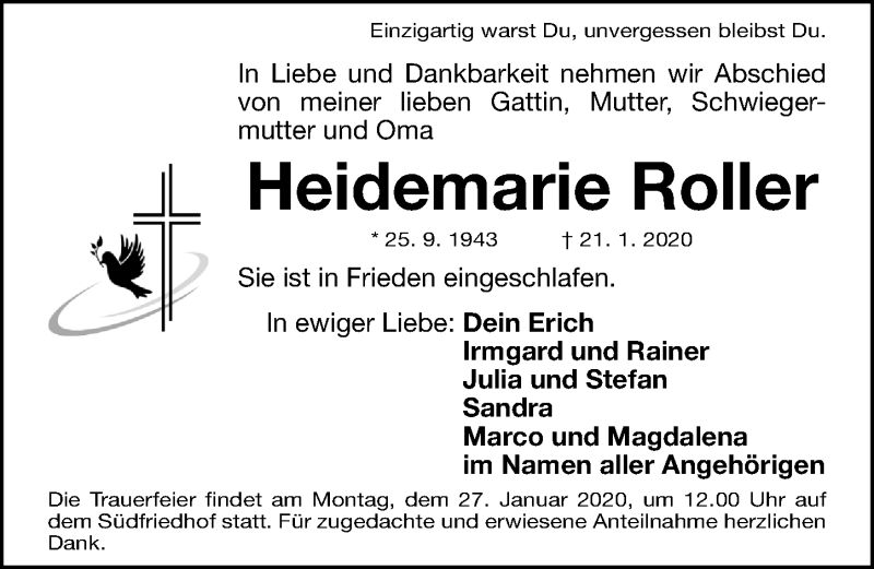 Traueranzeigen von Heidemarie Roller | trauer.nn.de