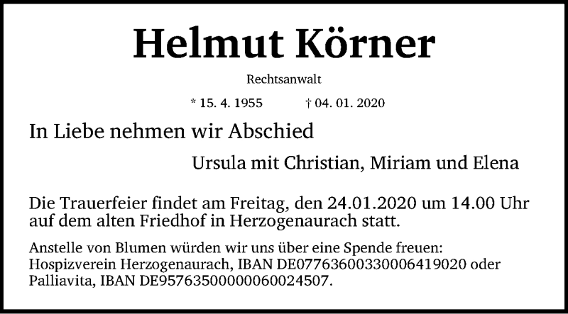 Traueranzeigen von Helmut Körner | trauer.nn.de