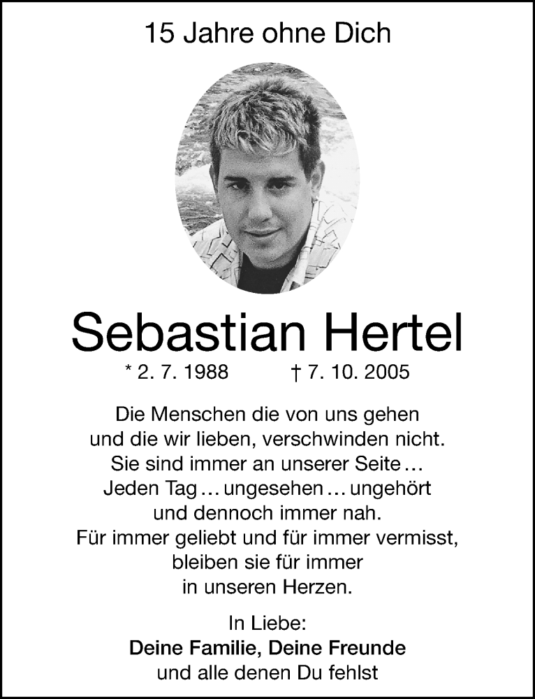 Traueranzeigen von Sebastian Hertel | trauer.nn.de