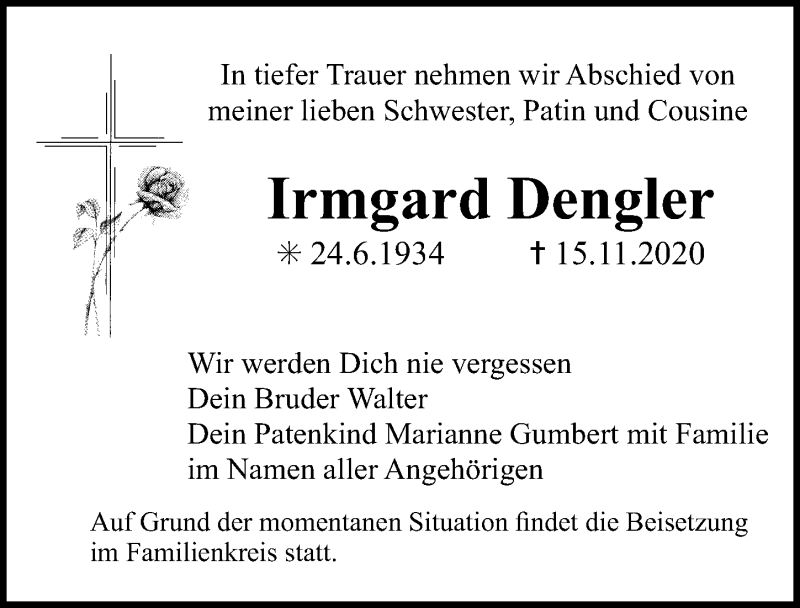 Traueranzeigen von Irmgard Dengler | trauer.nn.de