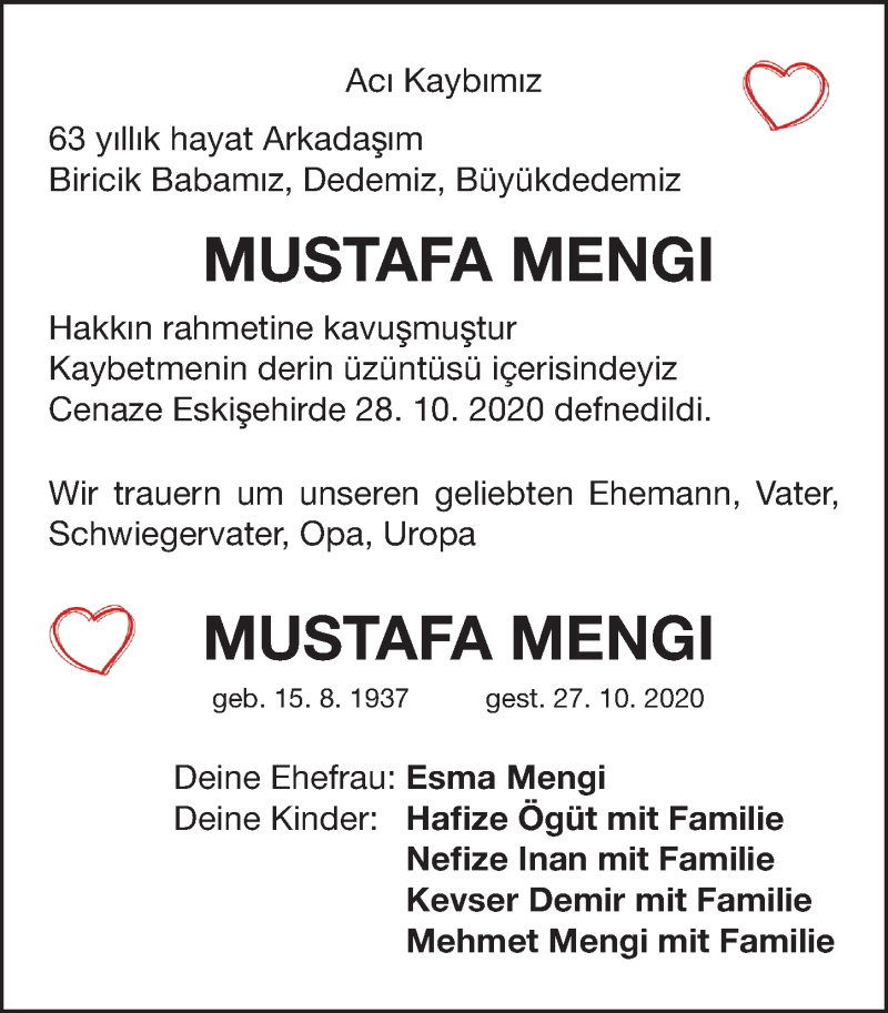 Traueranzeigen von Mustafa Mengi | trauer.nn.de