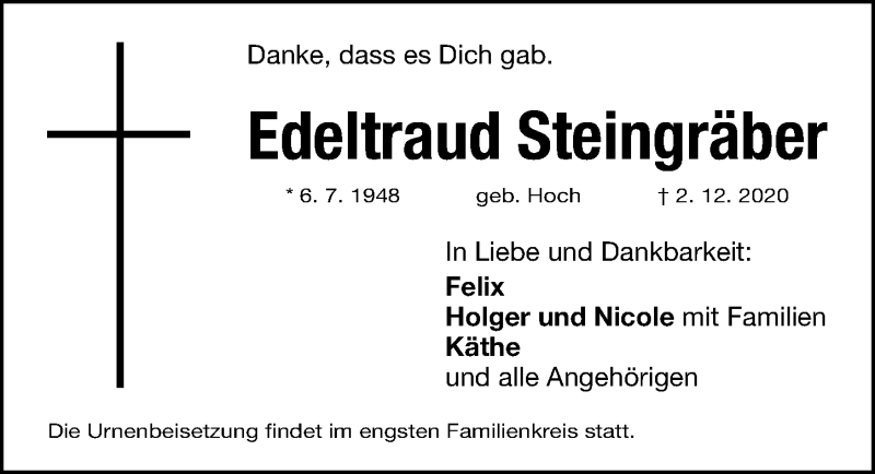 Traueranzeigen von Edeltraud Steingräber | trauer.nn.de