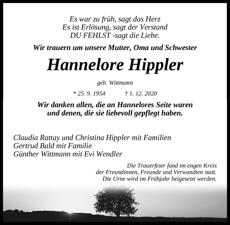 Traueranzeigen von Hannelore Hippler | trauer.nn.de