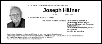 Traueranzeigen von Joseph Häfner | trauer.nn.de