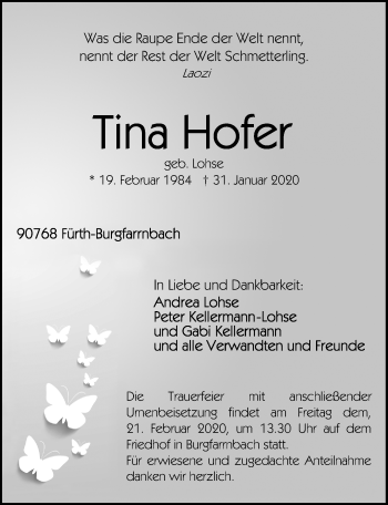 Traueranzeigen von Tina Hofer | trauer.nn.de