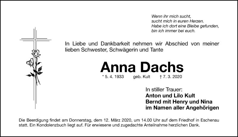 Traueranzeigen von Anna Dachs | trauer.nn.de